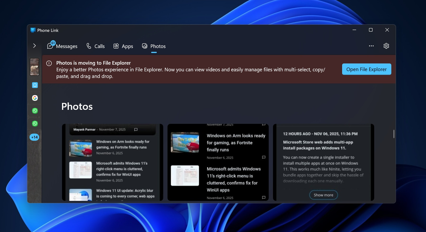 Windows 11 elimina la pestaña de Fotos de Enlace Móvil: el Explorador ...